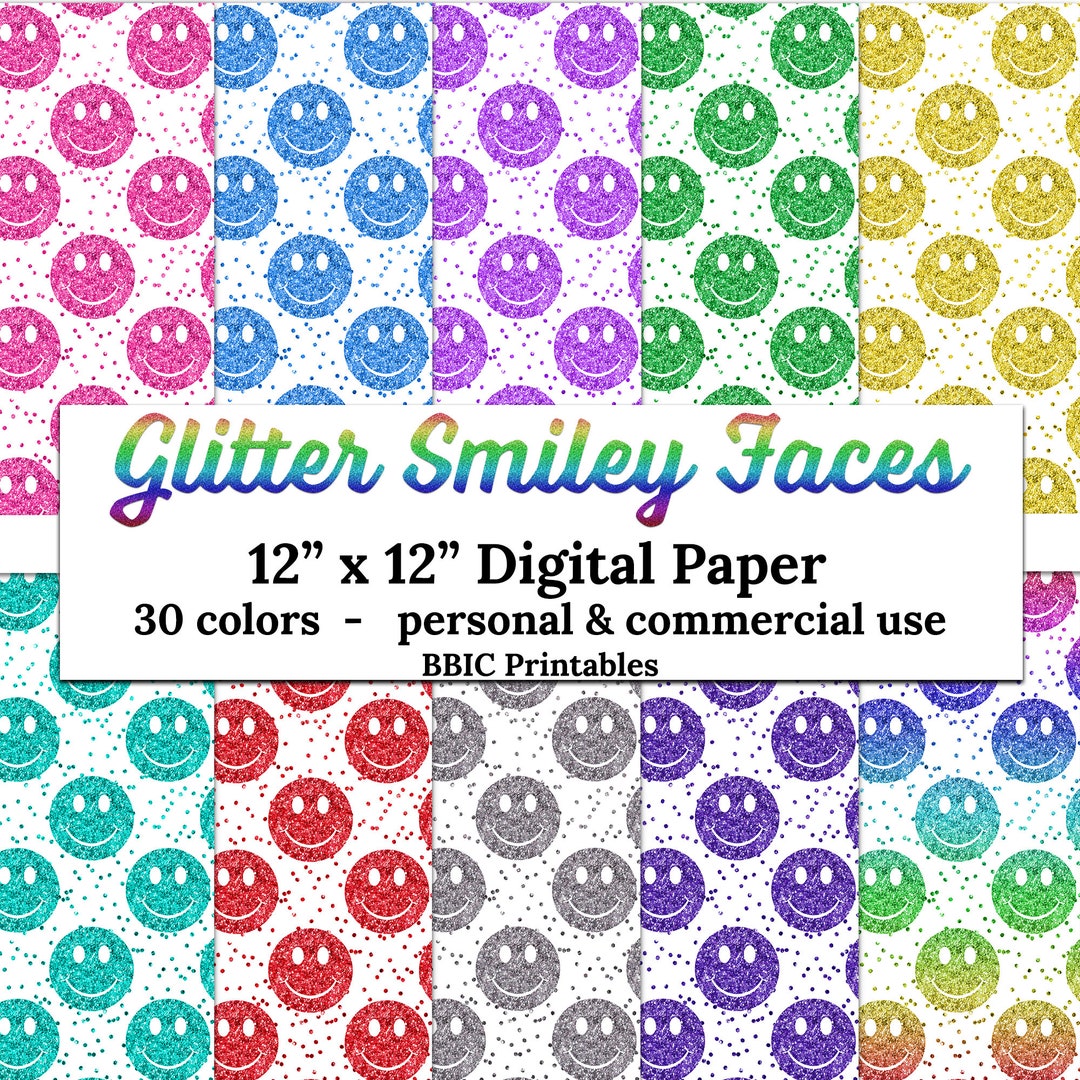 Smiley Emoji Glitter Digital Paper- INSTANT DOWNLOAD, 12x12 Glittery ...