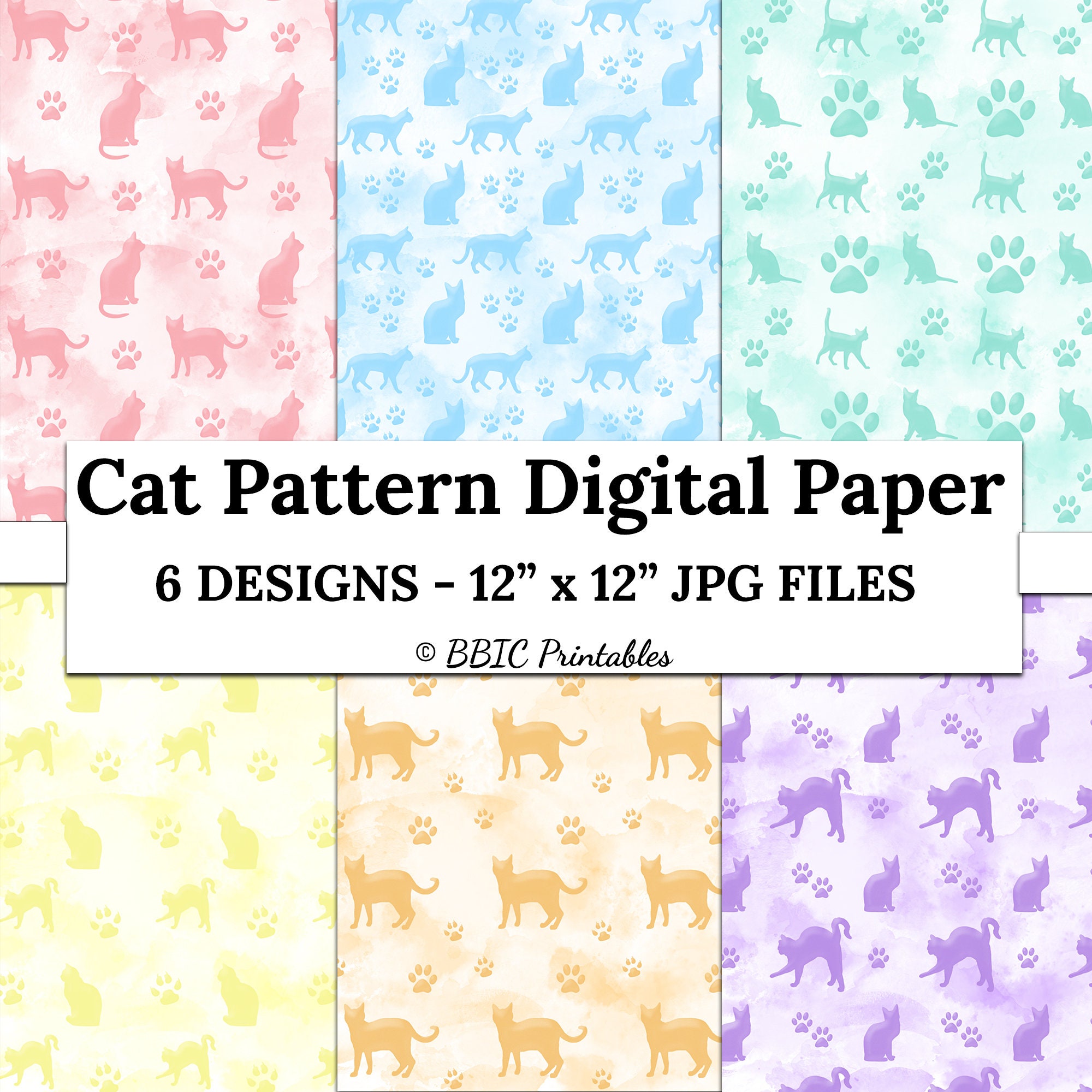 Cat Watercolor Digital Paper INSTANT DOWNLOAD, 12x12 Printable Cute ...