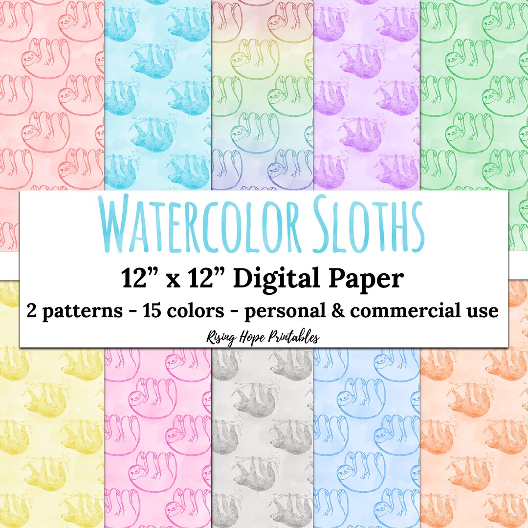 Watercolor Sloth Digital Paper- INSTANT DOWNLOAD, 12x12 15 Colors ...