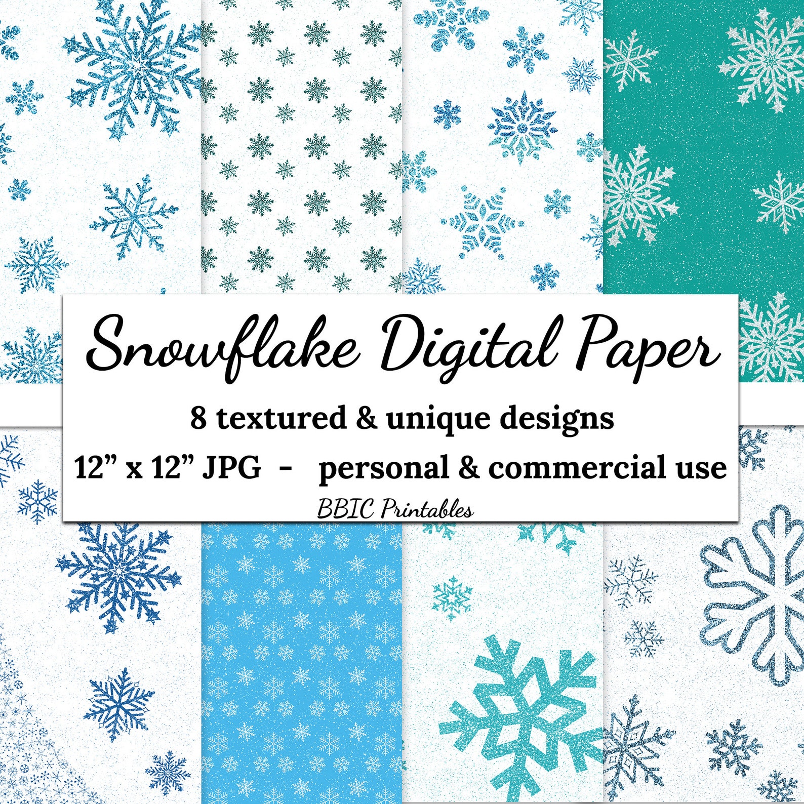 Snowflake Digital Paper INSTANT DOWNLOAD, 12x12 Printable Glittery ...