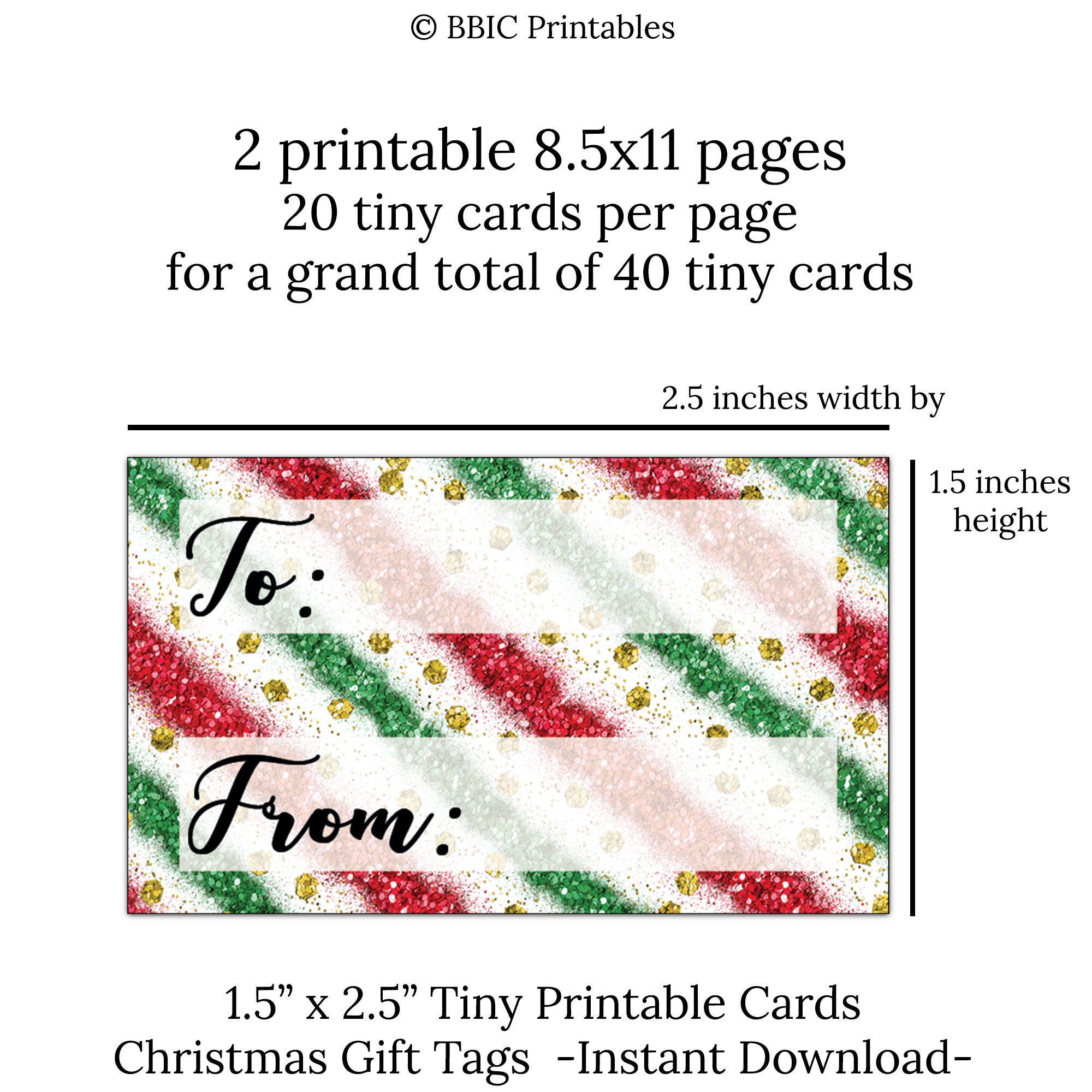 40 Tiny Christmas Gift Tags- DIGITAL DOWNLOAD, Small Tiny Red Green ...