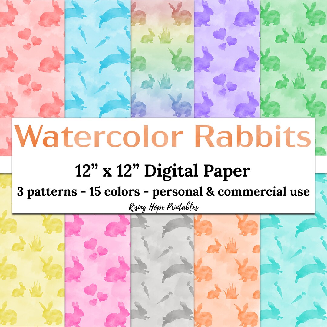 Watercolor Rabbit Digital Paper- INSTANT DOWNLOAD, 12x12 Watercolor ...