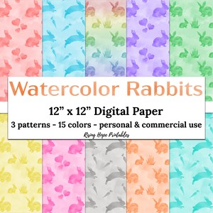 Watercolor Rabbit Digital Paper- INSTANT DOWNLOAD, 12x12 Watercolor ...