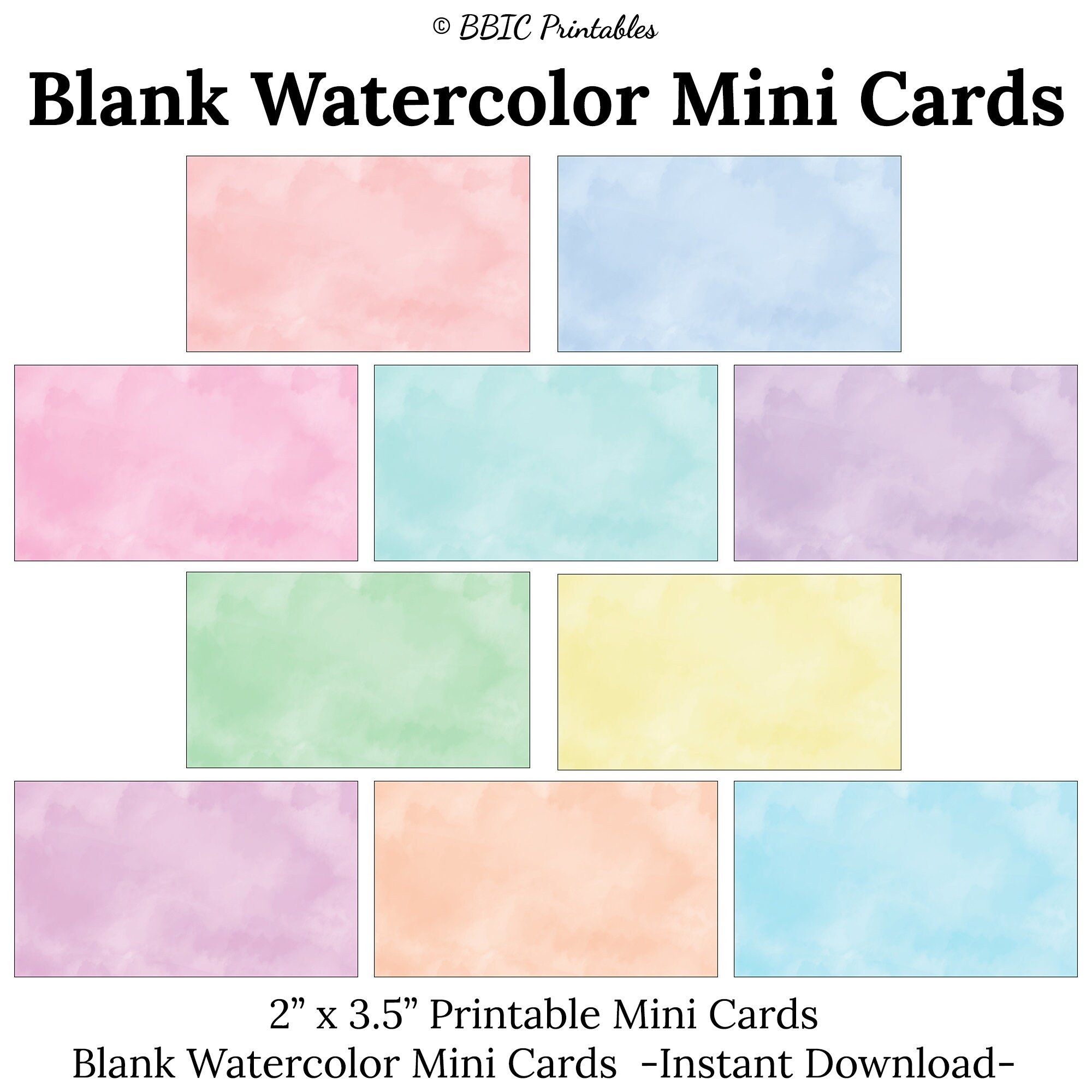 20 Blank Watercolor Mini Cards- DIGITAL DOWNLOAD, Printable Multicolor ...