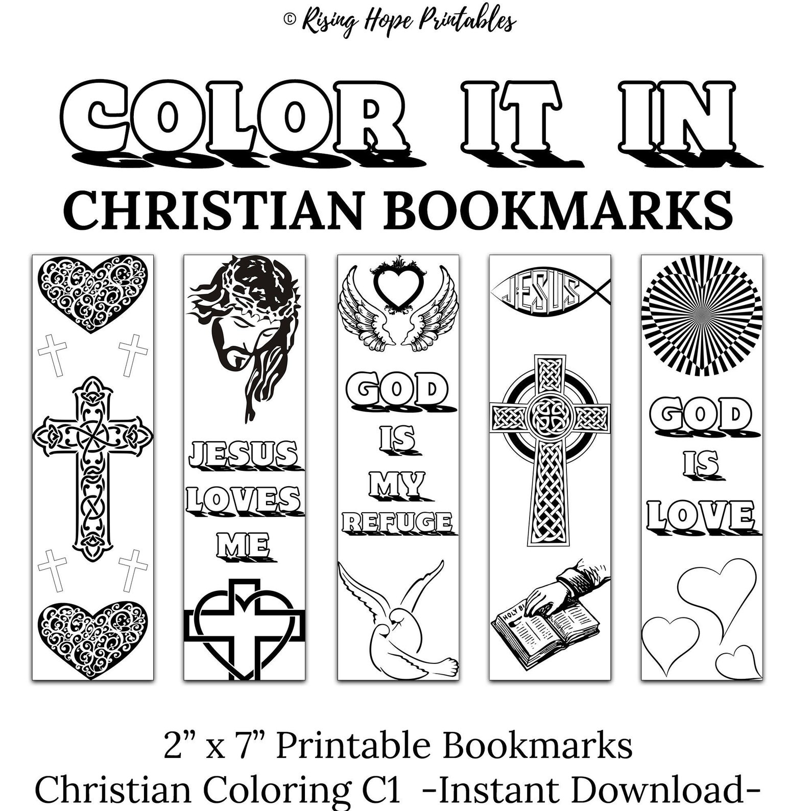 10 Christian Coloring Bookmarks -C1- INSTANT DOWNLOAD, 2x7 Set of 10 ...