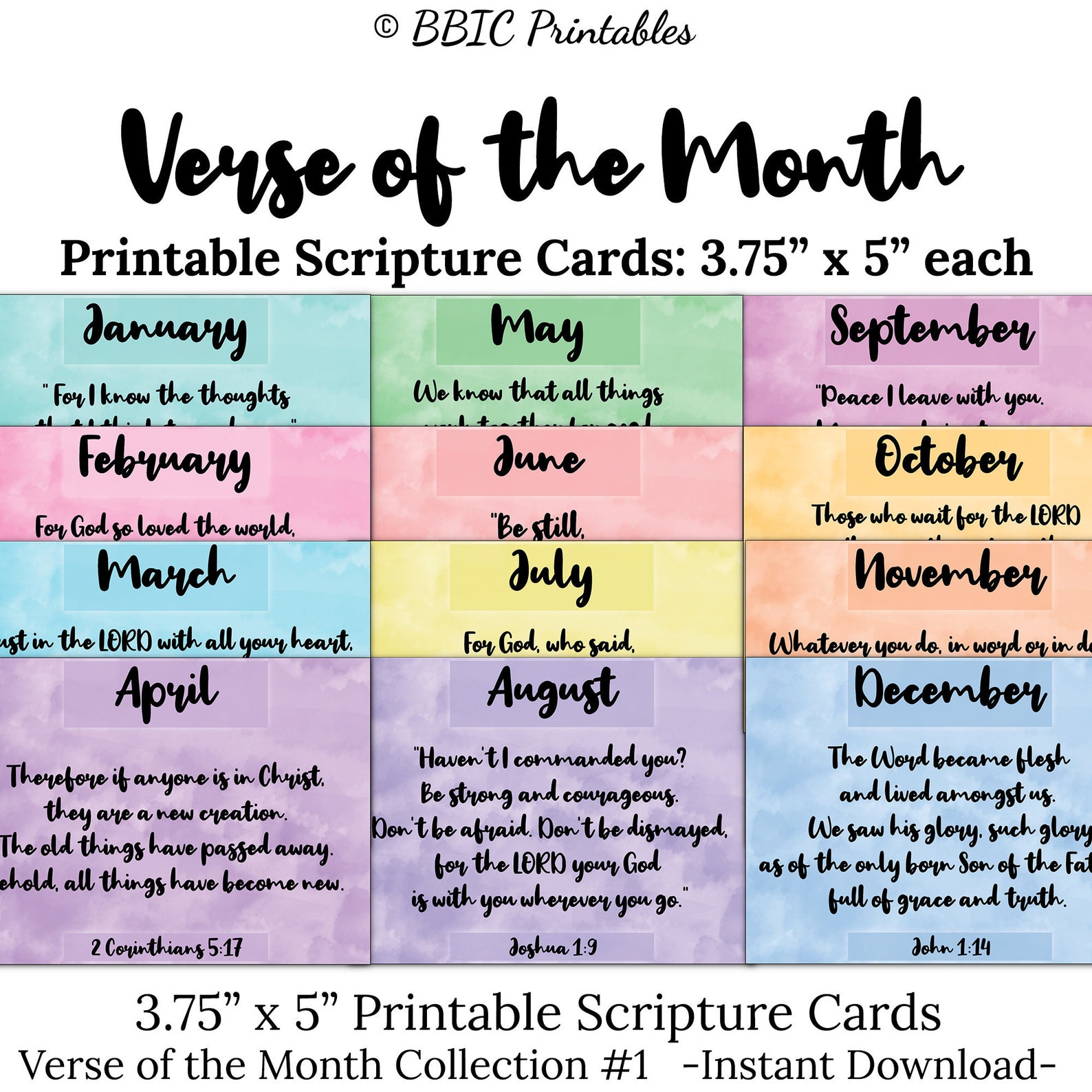 Verse of the Month Scripture Cards -C1- INSTANT DOWNLOAD, 3.75x5 ...