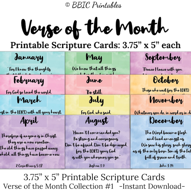 Verse of the Month Scripture Cards -C1- INSTANT DOWNLOAD, 3.75x5 ...