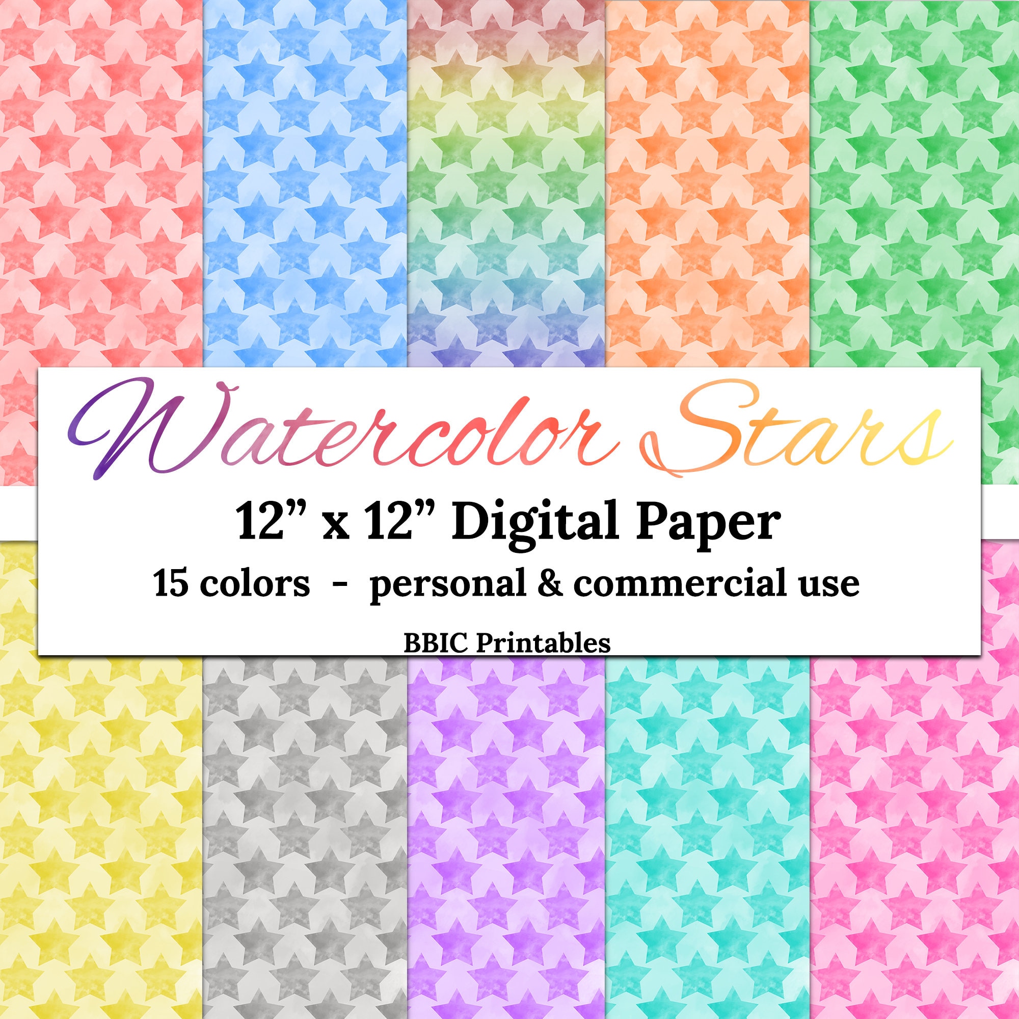 Watercolor Stars Digital Paper INSTANT DOWNLOAD, 12x12 15 Colors ...