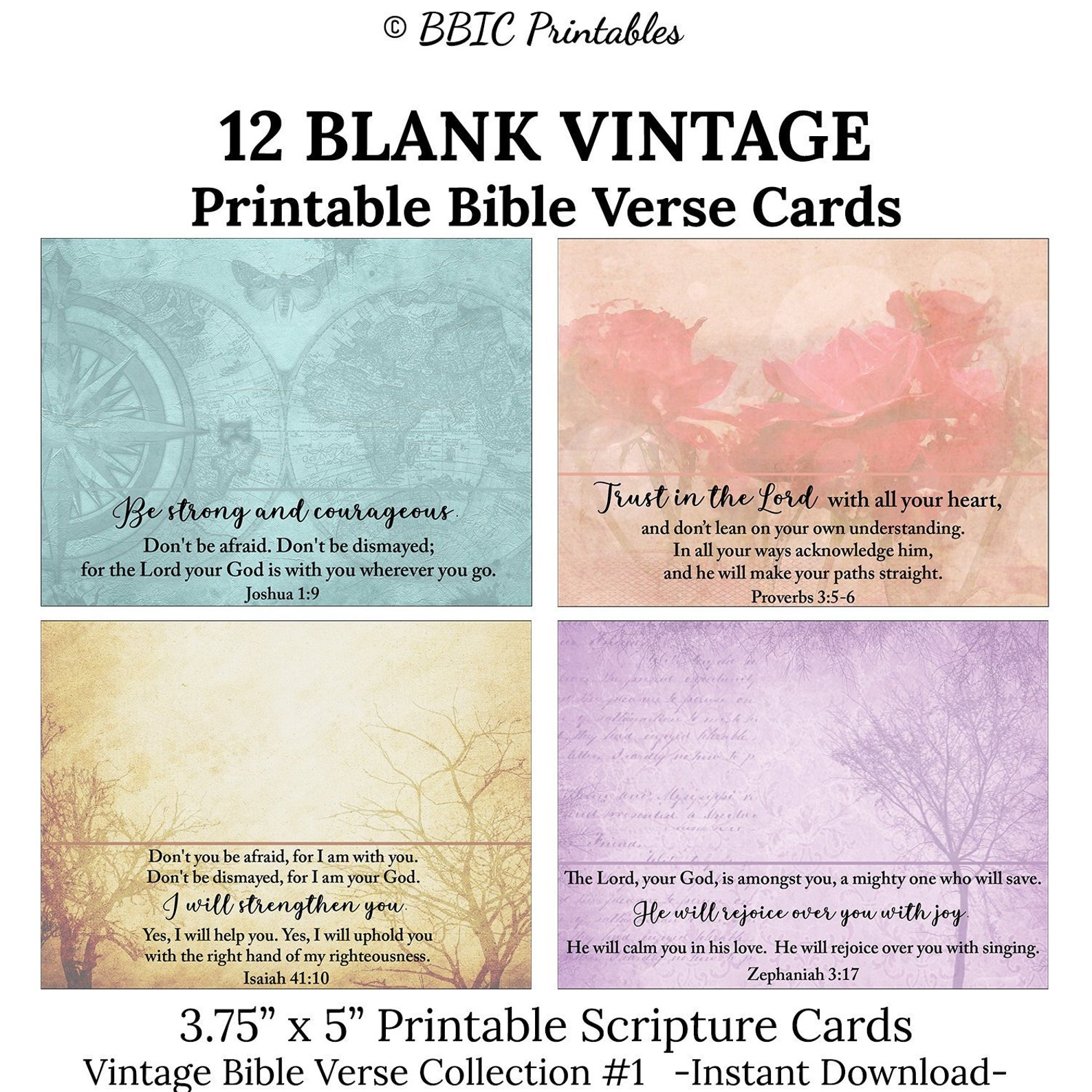 12 Blank Vintage Printable Bible Verse Cards -C1- INSTANT DOWNLOAD, 3 ...