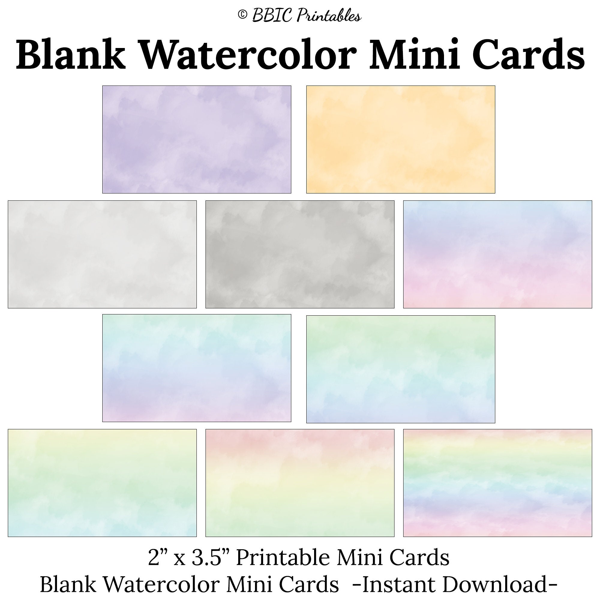 20 Blank Watercolor Mini Cards- DIGITAL DOWNLOAD, Printable Multicolor ...