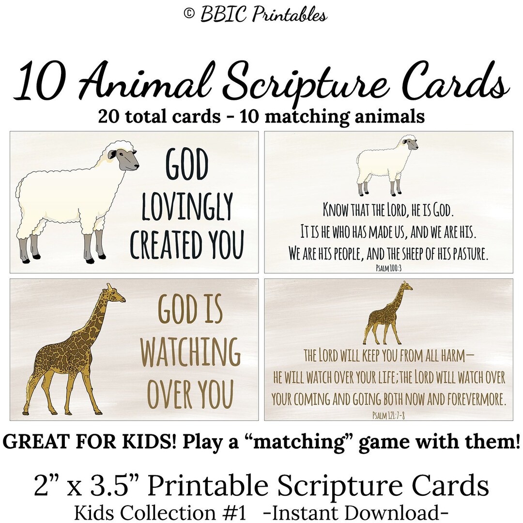 10 Kids Animal Scripture Cards -kids Collection #1- INSTANT DOWNLOAD ...