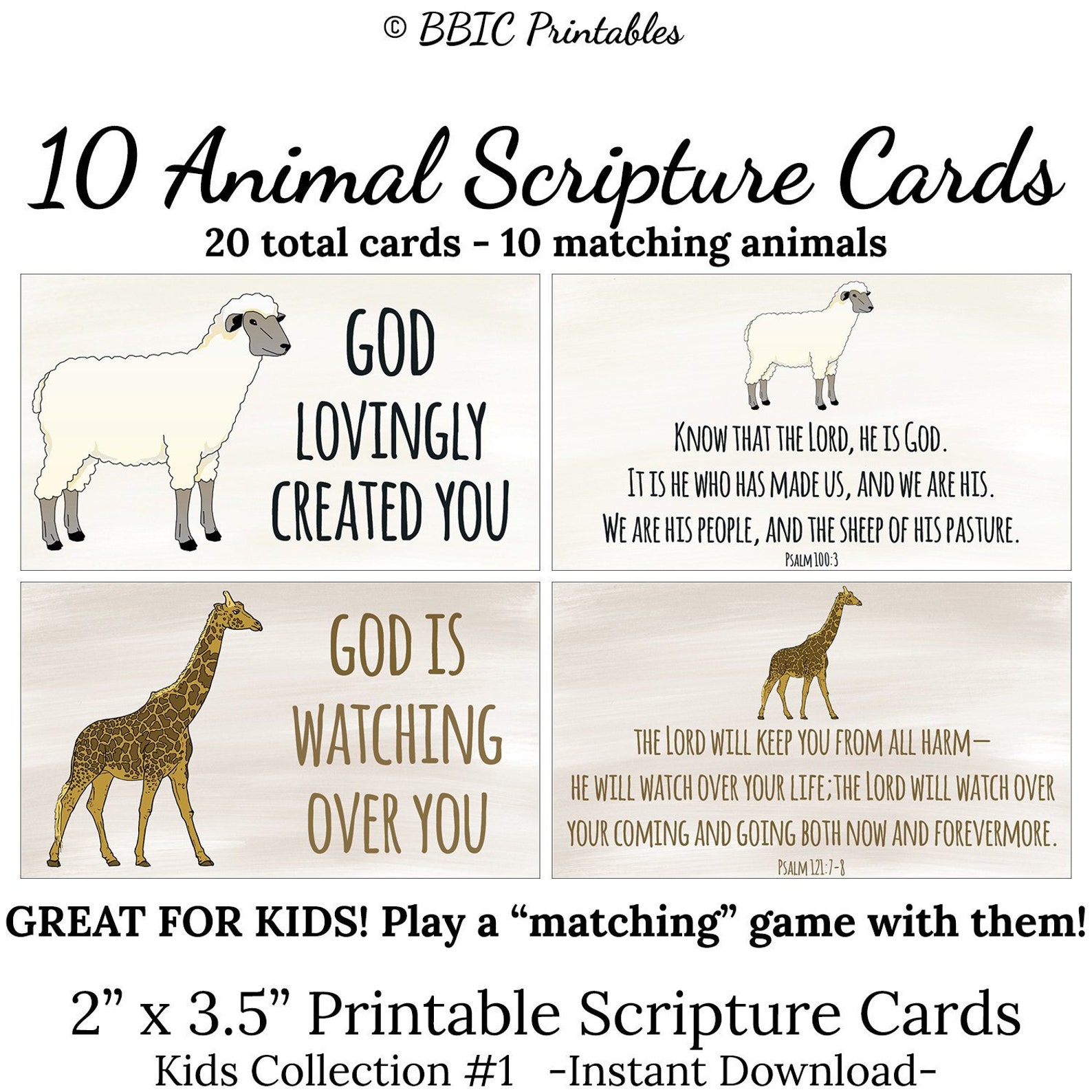 10 Kids Animal Scripture Cards kids Collection 1 INSTANT DOWNLOAD, 2x3 ...