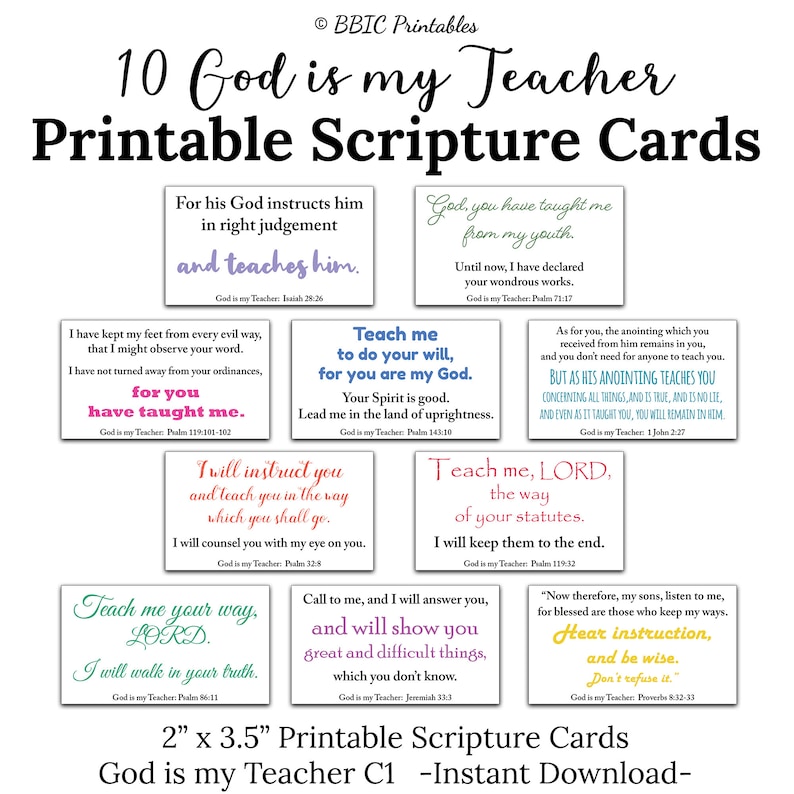 10 God is My Teacher Printable Scripture Cards -C1- INSTANT DOWNLOAD ...