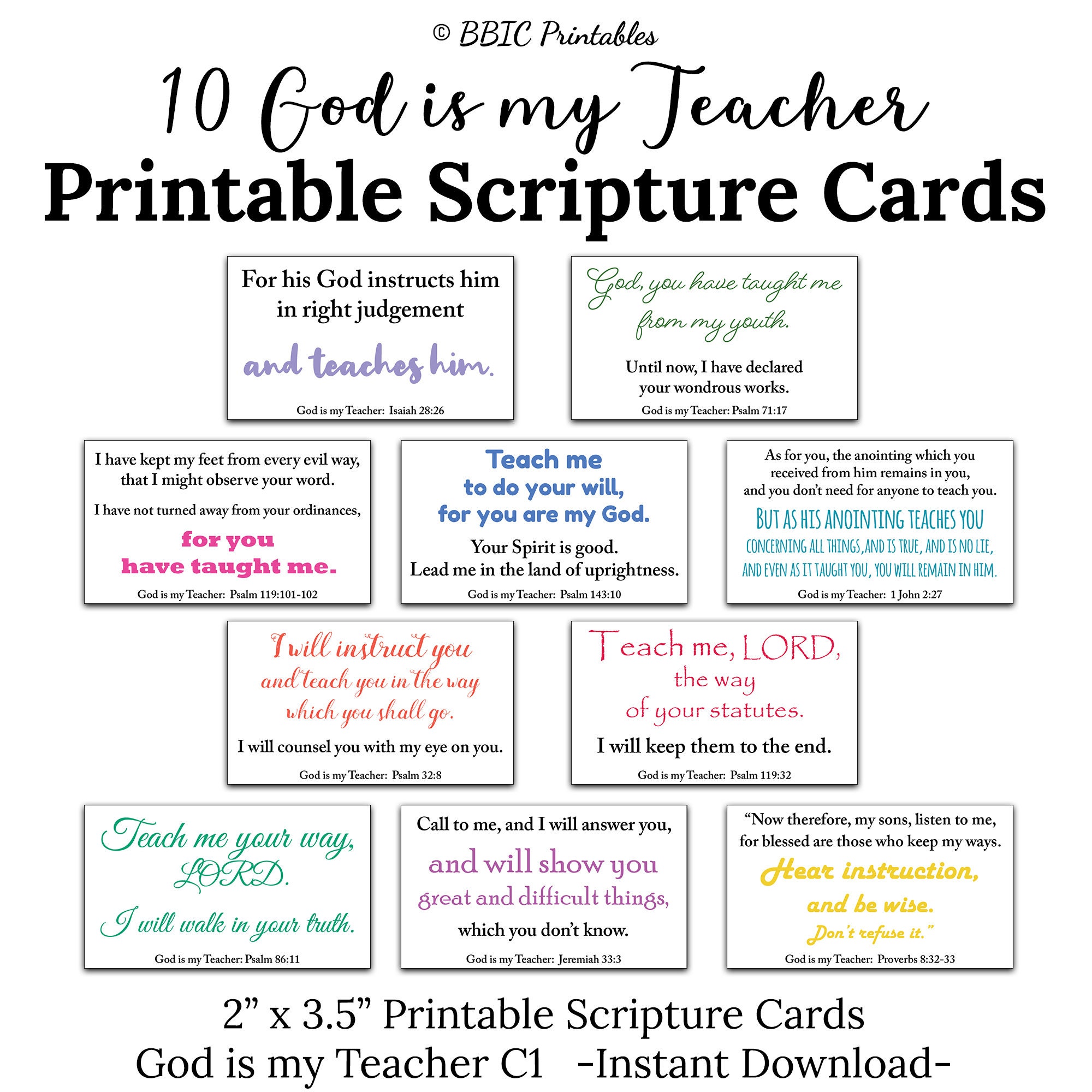 10 God is My Teacher Printable Scripture Cards -C1- INSTANT DOWNLOAD ...