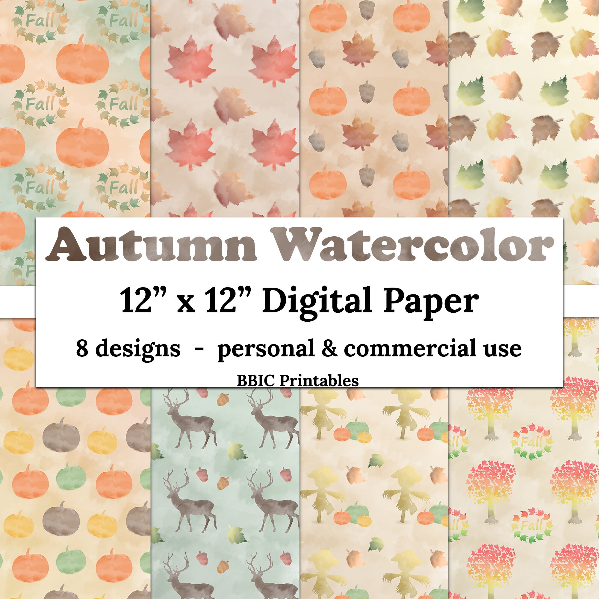 Autumn Watercolor Digital Paper- INSTANT DOWNLOAD, 12x12 Watercolor ...