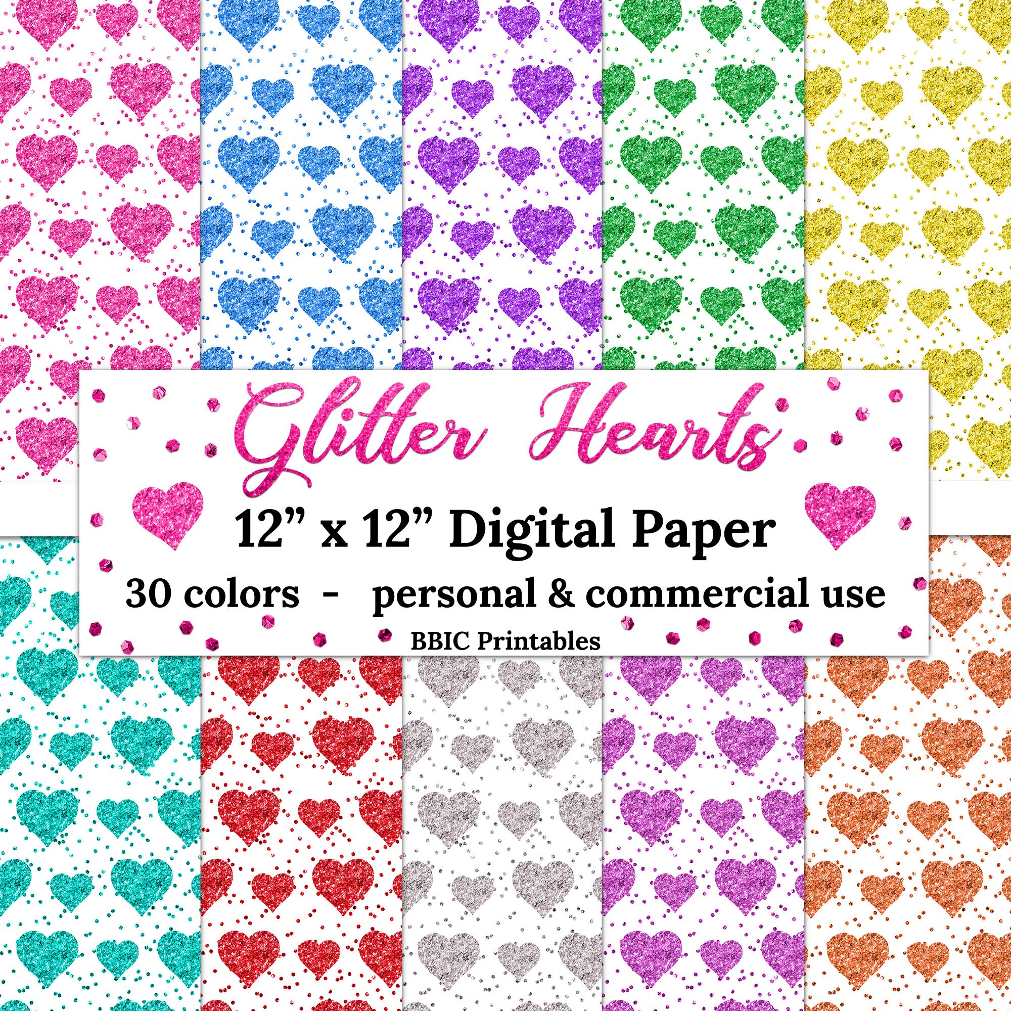 Glitter Hearts Digital Paper- INSTANT DOWNLOAD, 12x12 Glittery Sparkle ...