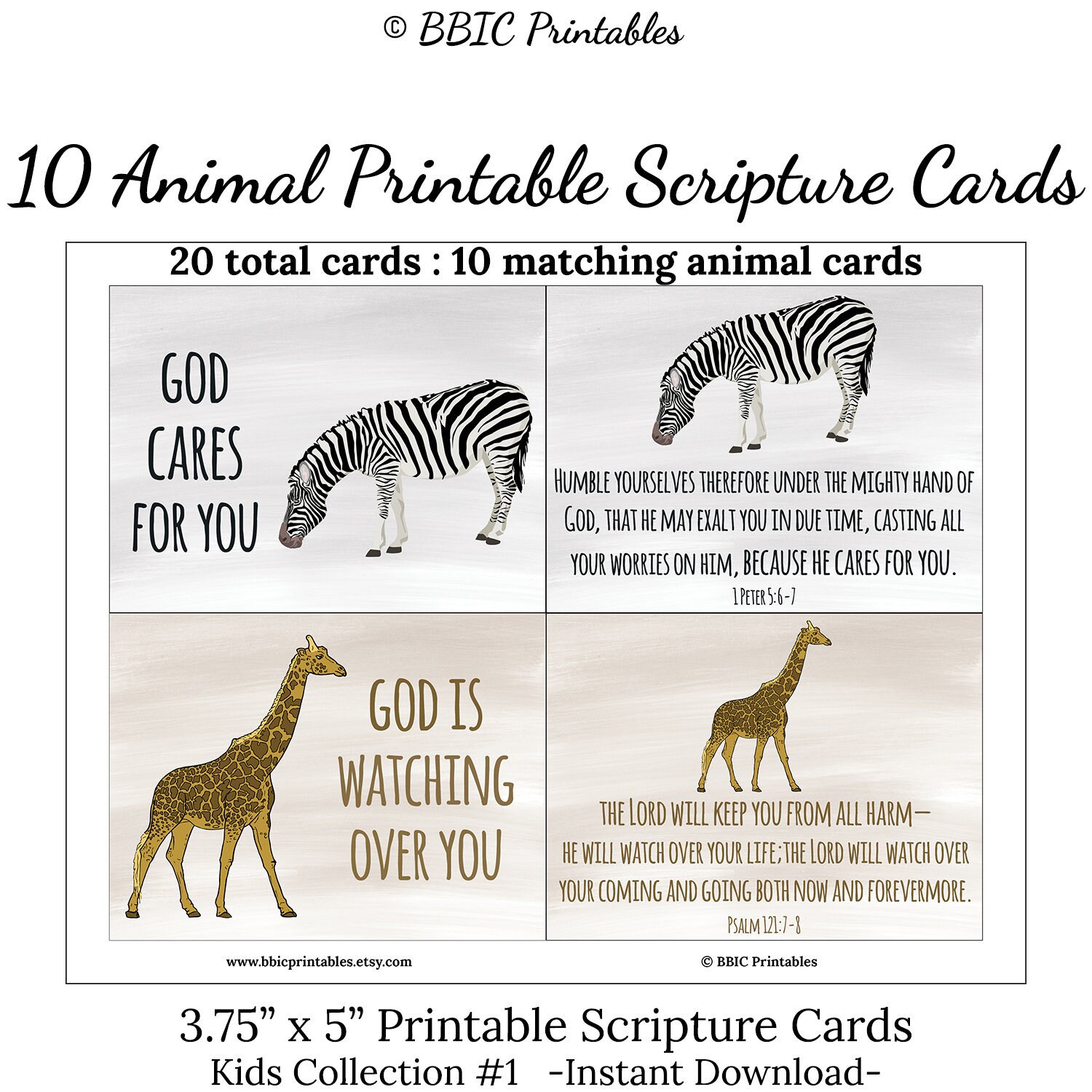 10 Animal Printable Scripture Cards kids C1 INSTANT DOWNLOAD, 3.75x5 ...
