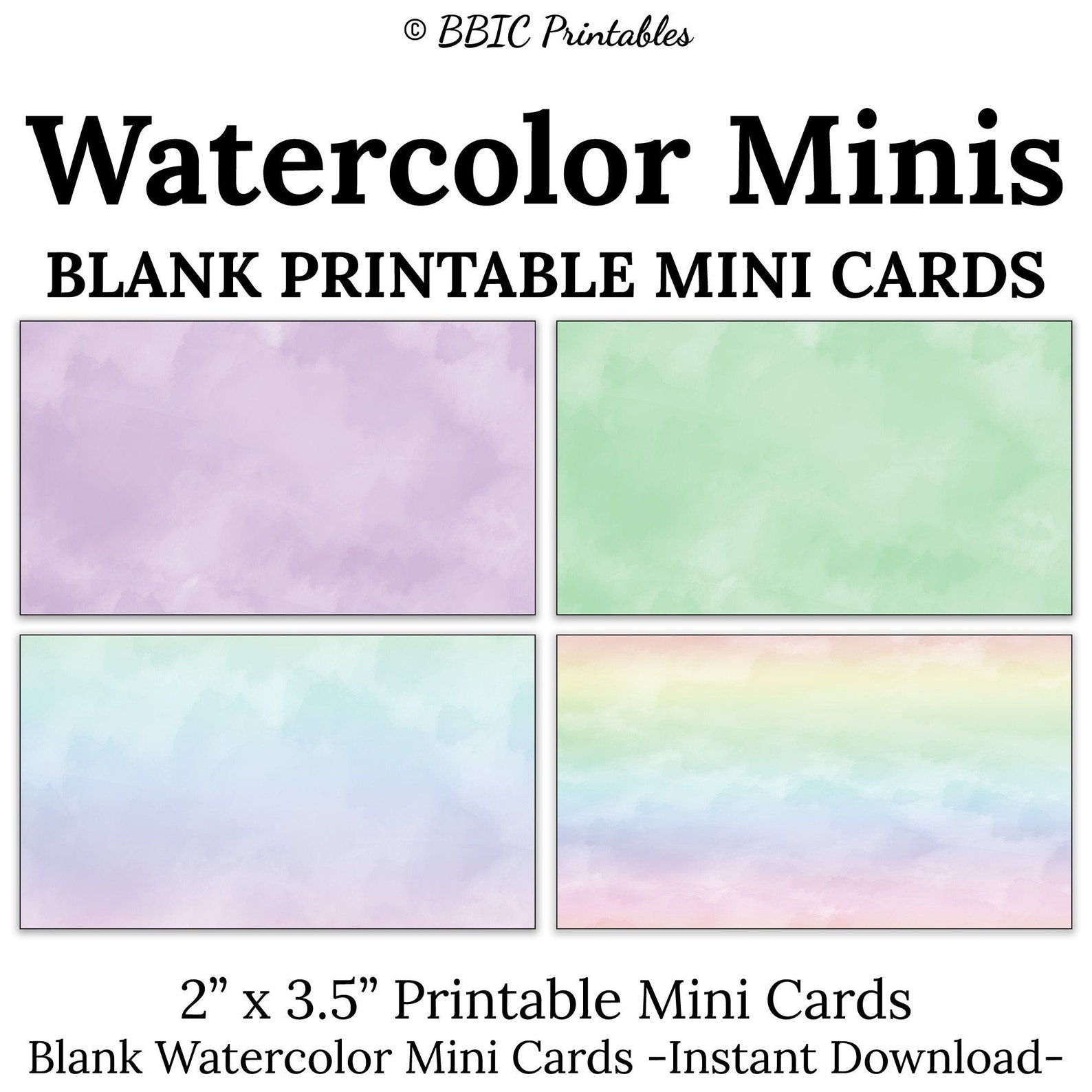 20 Blank Watercolor Mini Cards DIGITAL DOWNLOAD, Printable Multicolor ...