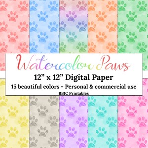 Watercolor Paw Print Paper INSTANT DOWNLOAD 12x12 15 Colors | Etsy