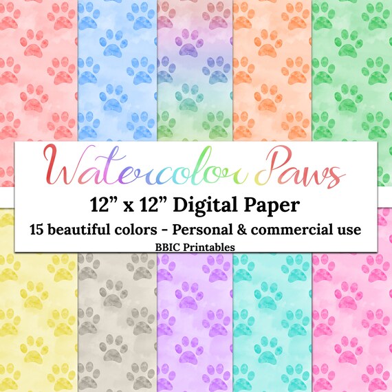 Watercolor Paw Print Paper INSTANT DOWNLOAD 12x12 15 Colors | Etsy