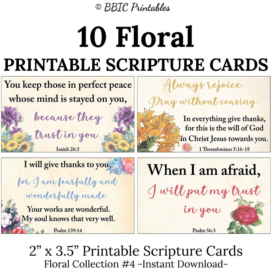 10 Floral Printable Scripture Cards C4 INSTANT DOWNLOAD, Floral Flower ...