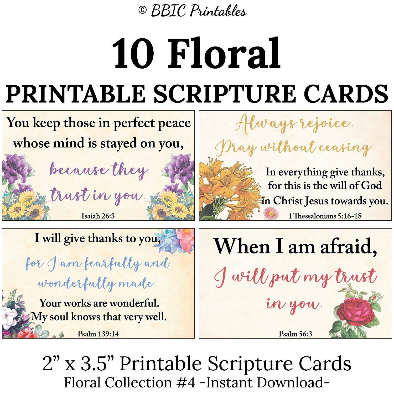 10 Floral Printable Scripture Cards C4 INSTANT DOWNLOAD, Floral Flower ...