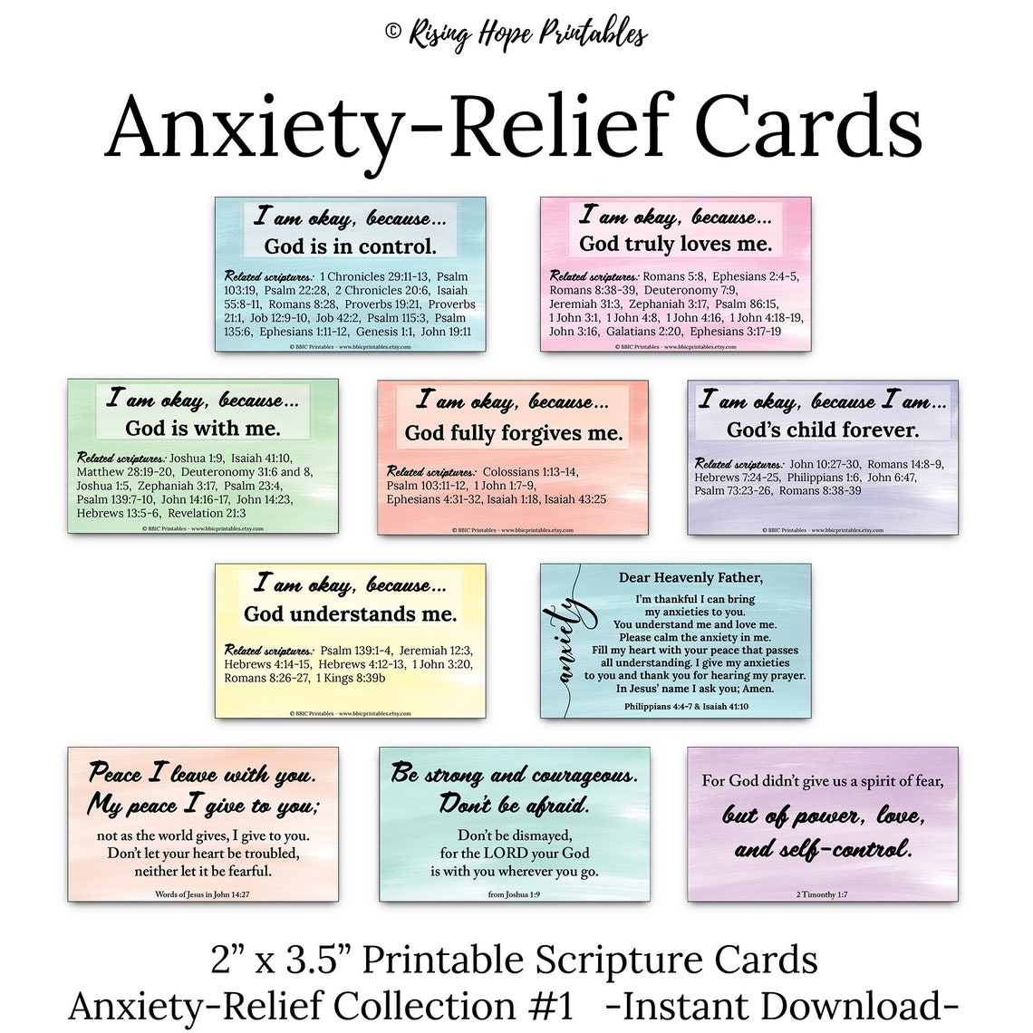 10 Anxiety Relief Scripture Cards -C1- INSTANT DOWNLOAD, Anxiety Fear ...
