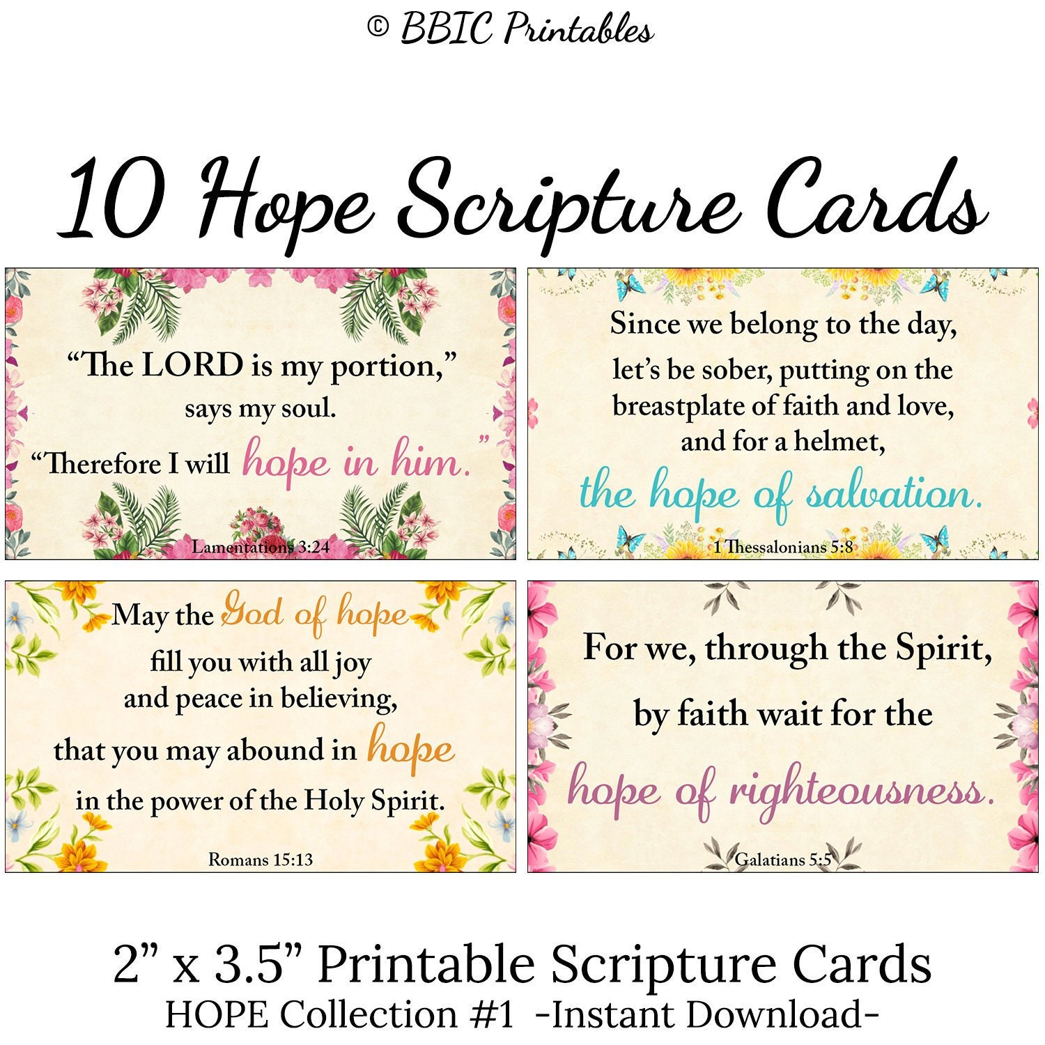 10 HOPE Printable Scripture Cards -#C1- INSTANT DOWNLOAD, Floral Flower ...