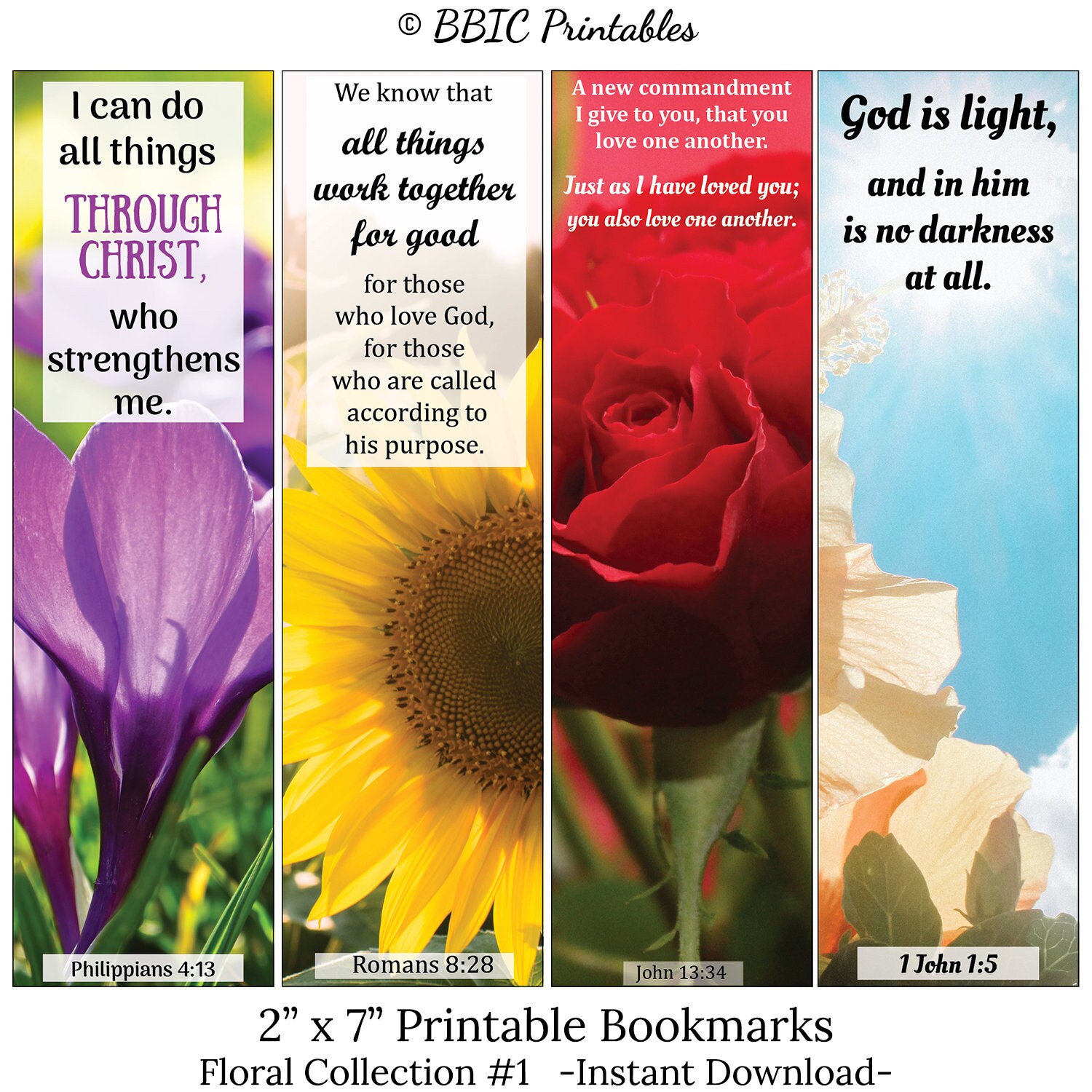 10 Floral Scripture Printable Bookmarks -C1- INSTANT DOWNLOAD, 2x7 Set ...