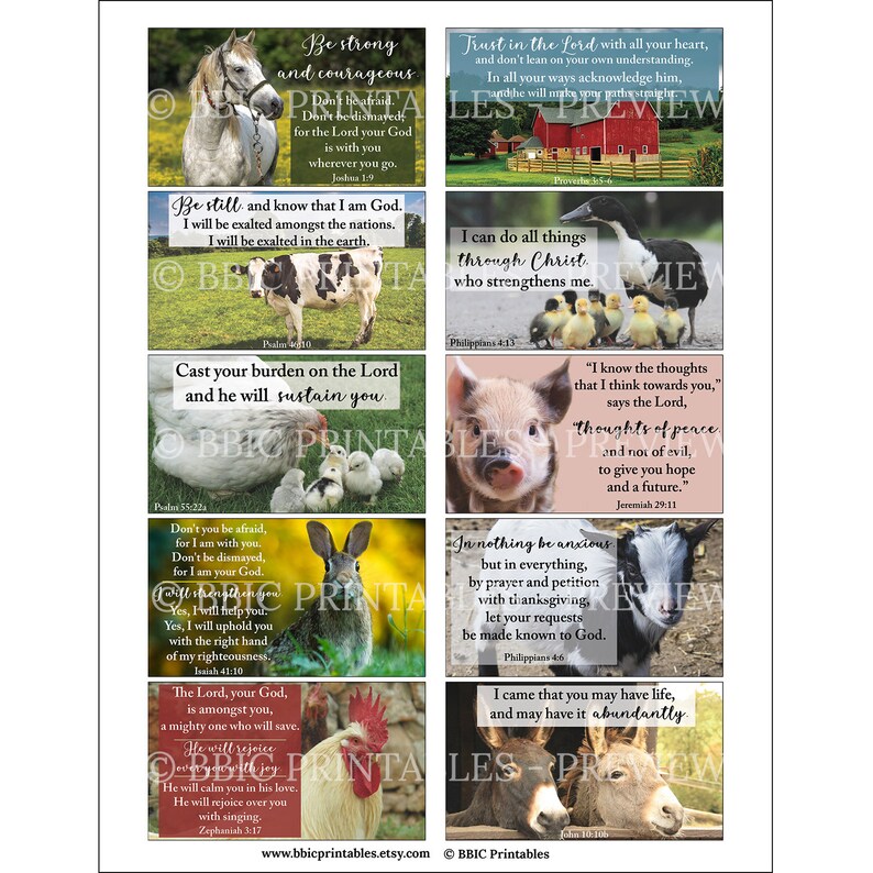 10 Farm Animal Printable Scripture Cards -C1- INSTANT DOWNLOAD, Farm ...
