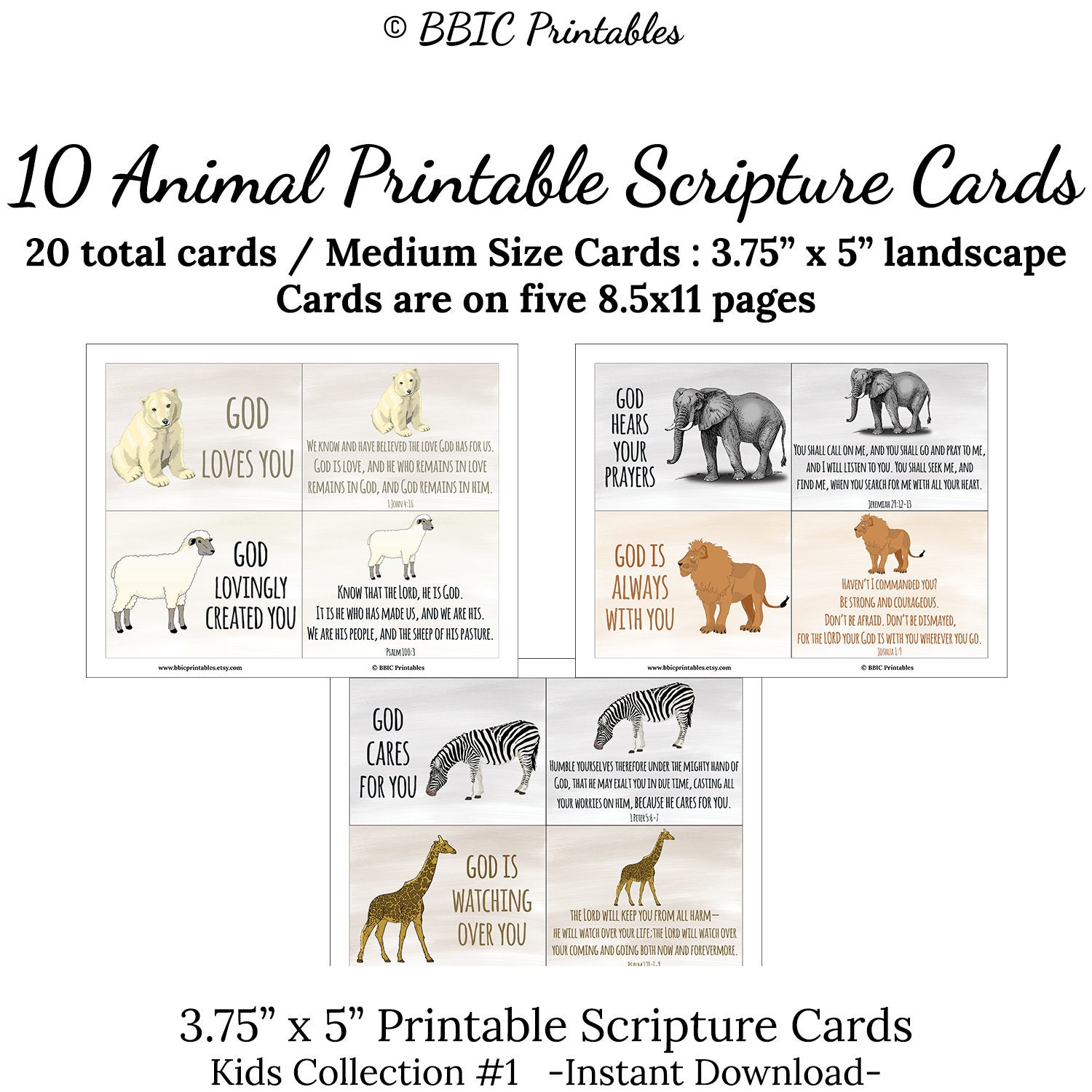 10 Animal Printable Scripture Cards -kids C1- INSTANT DOWNLOAD, 3.75x5 ...