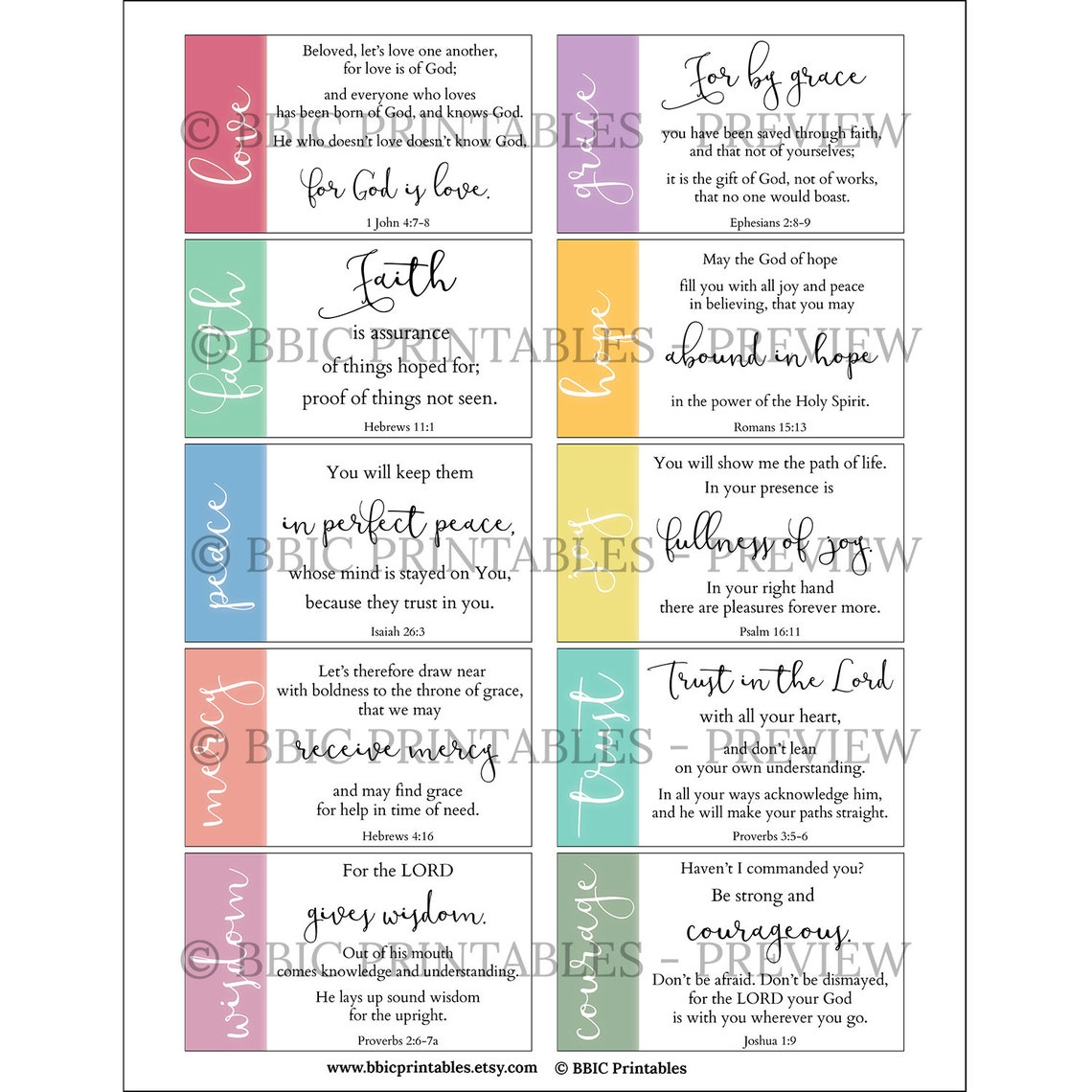 10 Bible Topic Scripture Cards collection 1 INSTANT DOWNLOAD, 2x3.5 ...