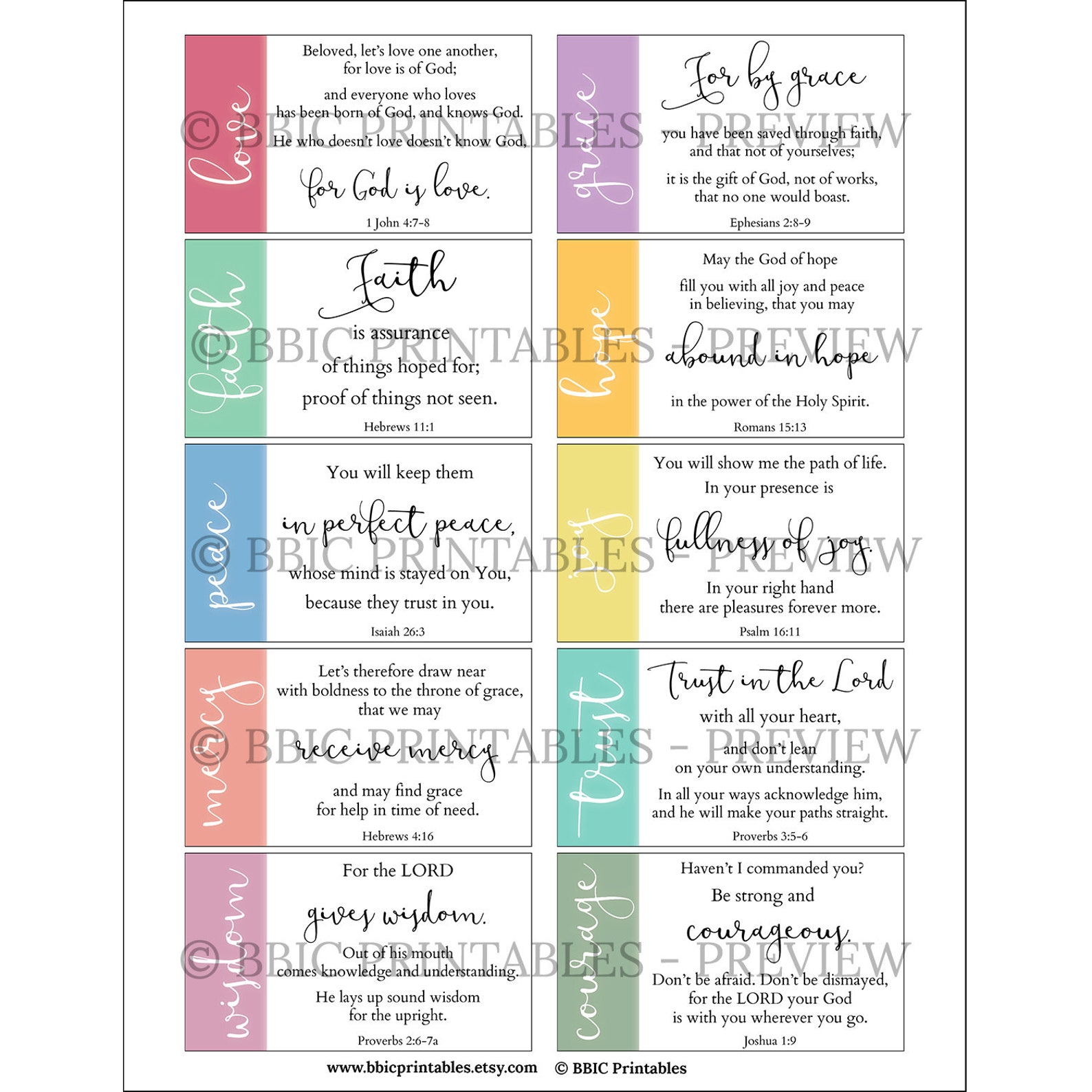 10 Bible Topic Scripture Cards collection 1 INSTANT DOWNLOAD, 2x3.5 ...