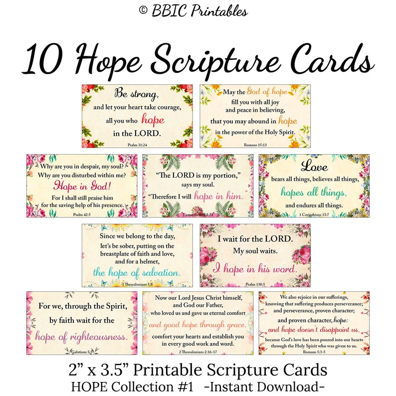10 HOPE Printable Scripture Cards -#C1- INSTANT DOWNLOAD, Floral Flower ...