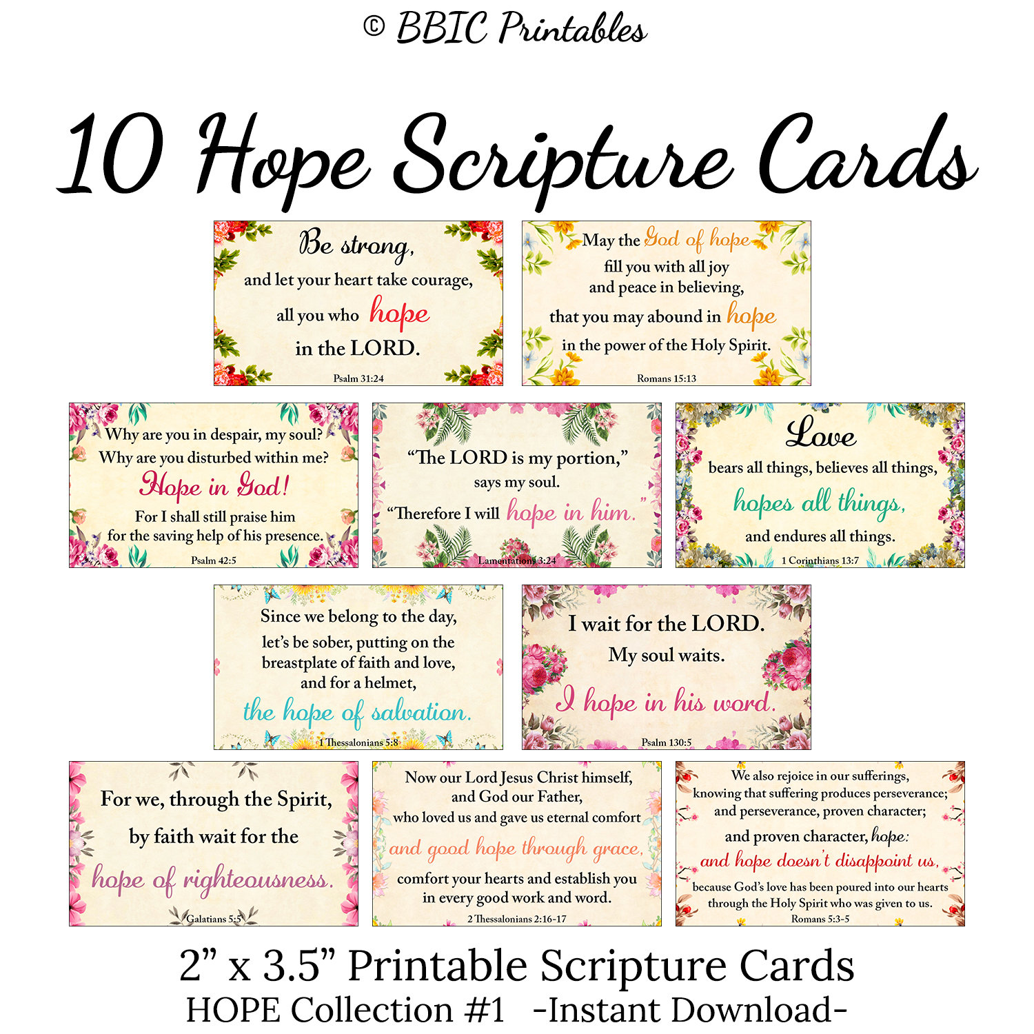 10 HOPE Printable Scripture Cards -#C1- INSTANT DOWNLOAD, Floral Flower ...
