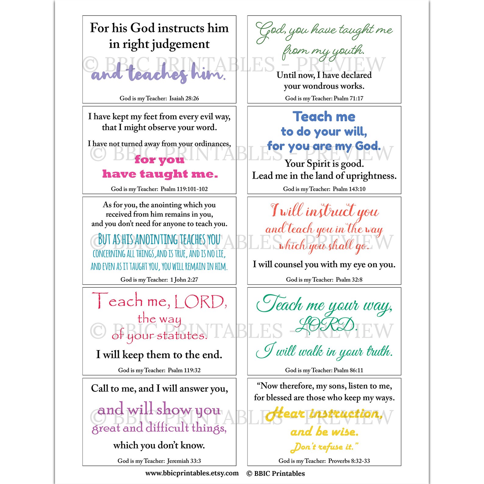 10 God is My Teacher Printable Scripture Cards -C1- INSTANT DOWNLOAD ...