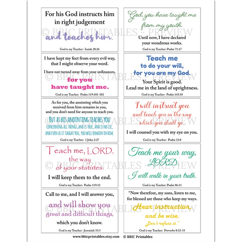 10 God is My Teacher Printable Scripture Cards C1 INSTANT DOWNLOAD, God ...