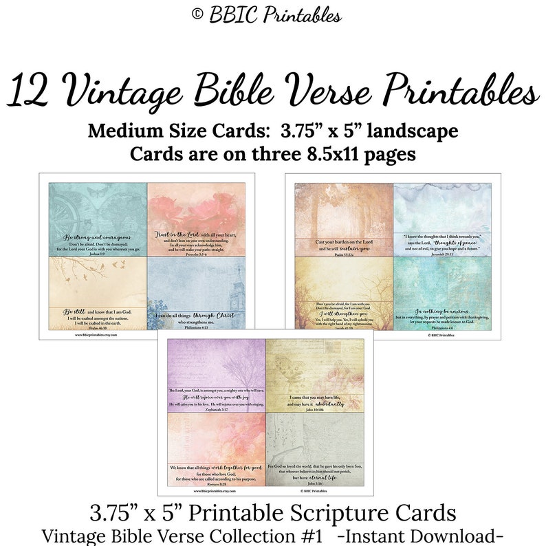 12 Blank Vintage Printable Bible Verse Cards C1 INSTANT DOWNLOAD, 3 ...