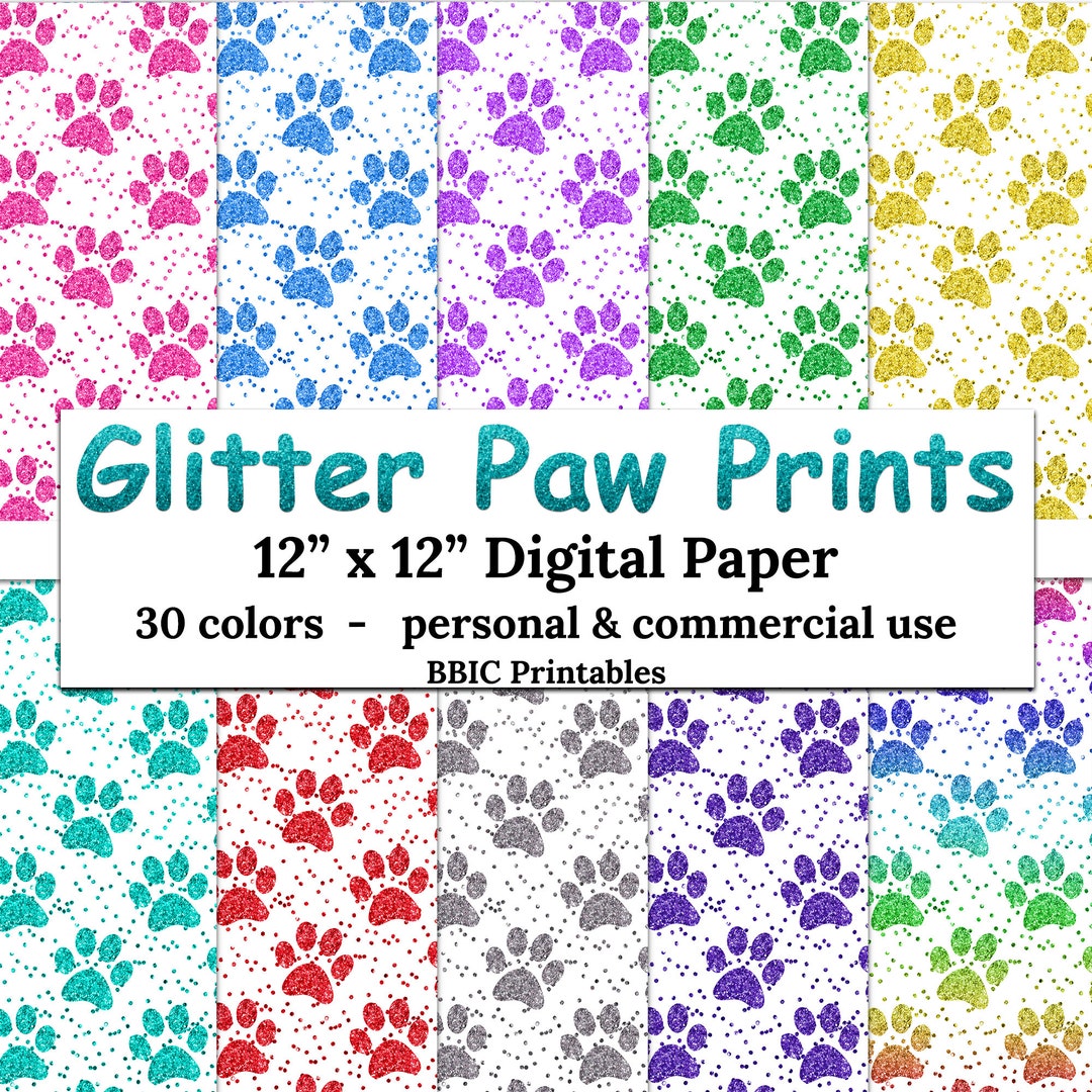 Paw Prints Glitter Digital Paper- INSTANT DOWNLOAD, 12x12 Glittery ...