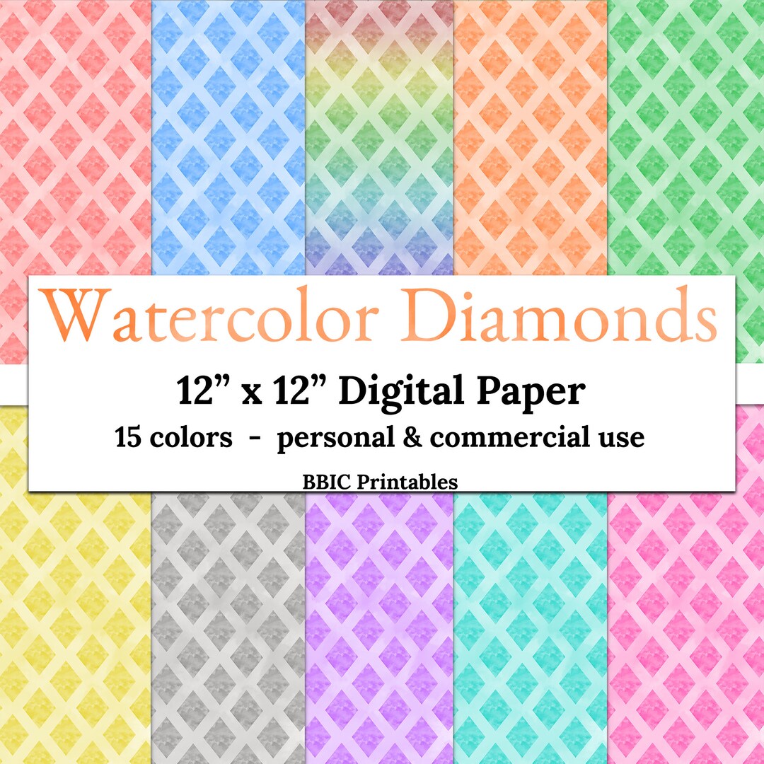 Watercolor Diamonds Paper- INSTANT DOWNLOAD, 12x12 15 Colors Watercolor ...