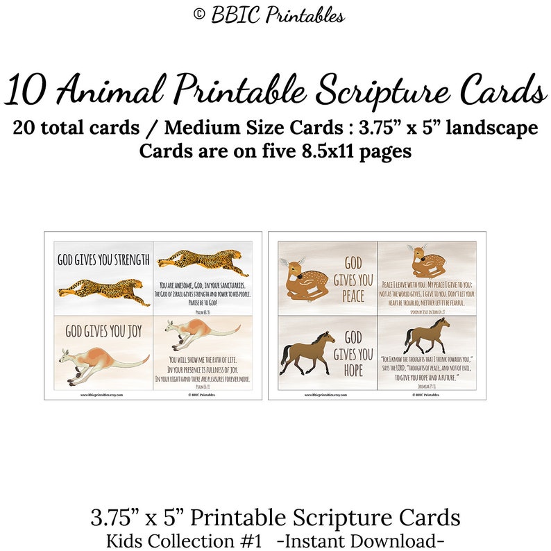 10 Animal Printable Scripture Cards -kids C1- INSTANT DOWNLOAD, 3.75x5 ...