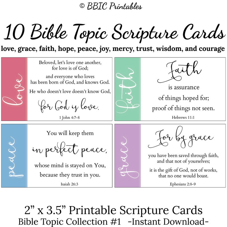 10 Bible Topic Scripture Cards -collection #1- INSTANT DOWNLOAD, 2x3.5 ...