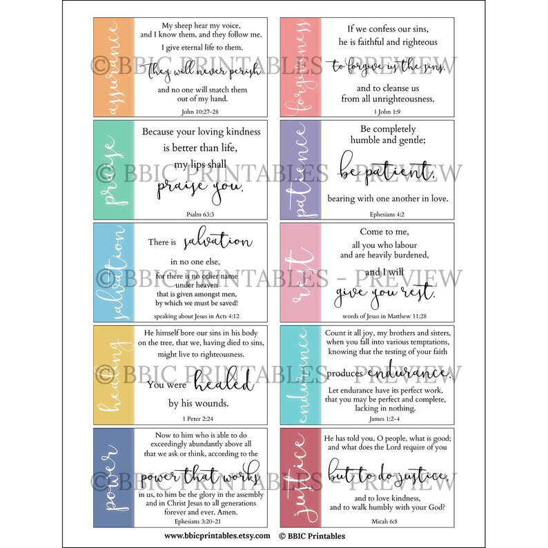 10 Bible Topic Scripture Cards collection 2 INSTANT DOWNLOAD, 2x3.5 ...