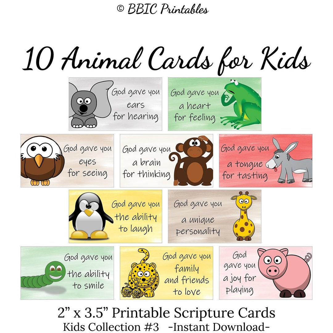 10 Kids Cartoon Animal Christian Cards -kids Collection #3- INSTANT ...