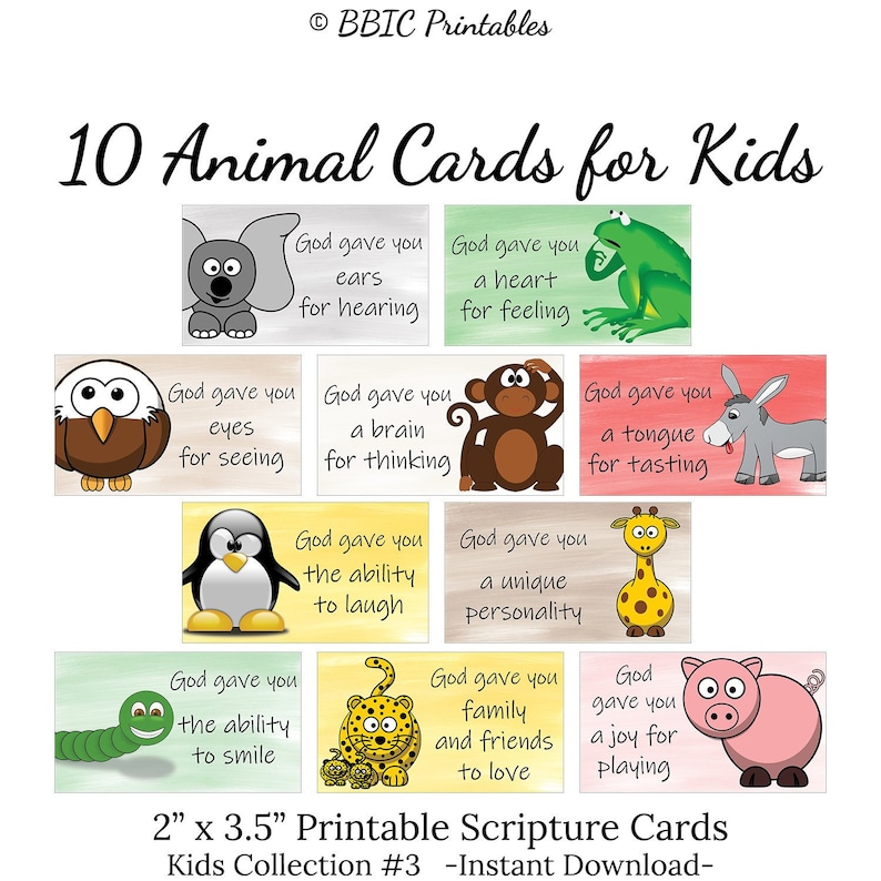 10 Kids Cartoon Animal Christian Cards kids Collection 3 - Etsy