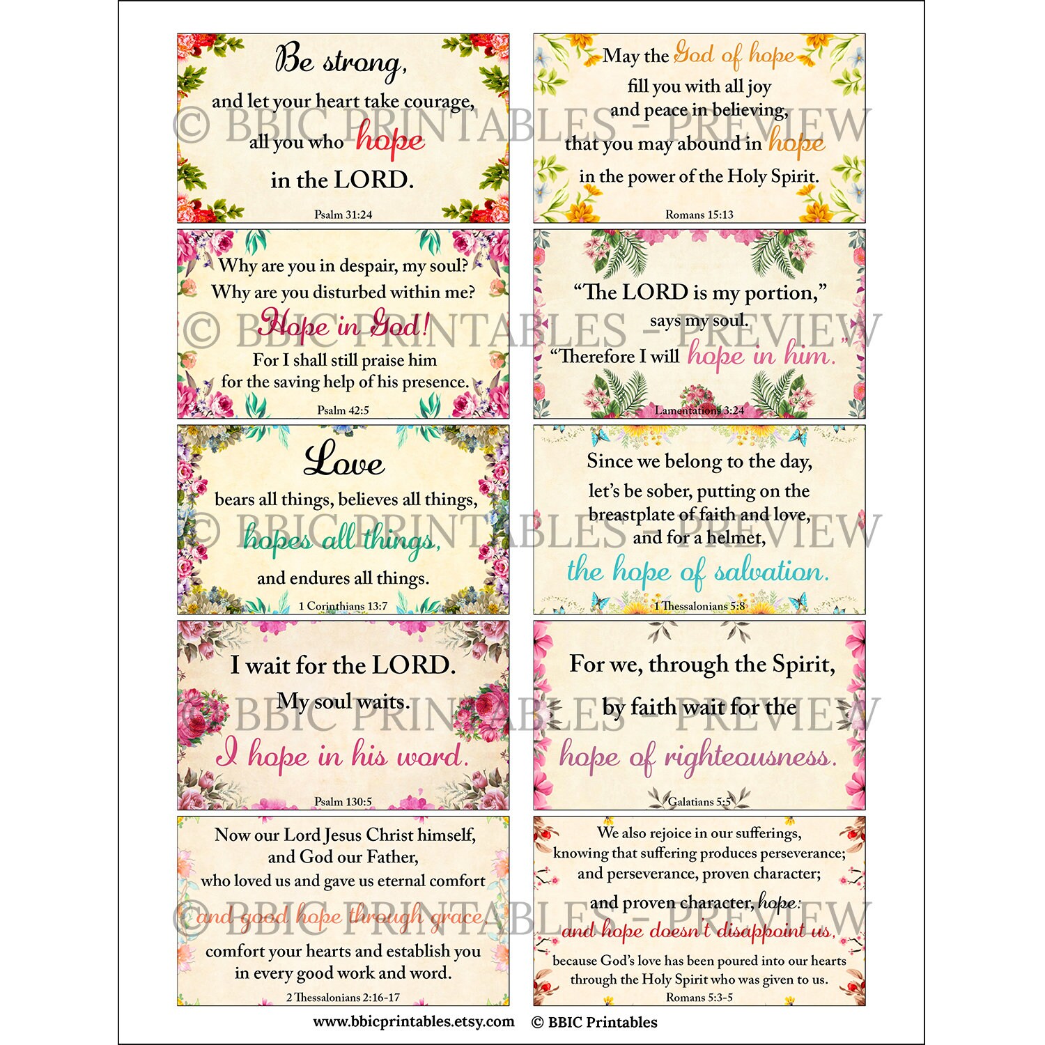 10 HOPE Printable Scripture Cards -#C1- INSTANT DOWNLOAD, Floral Flower ...