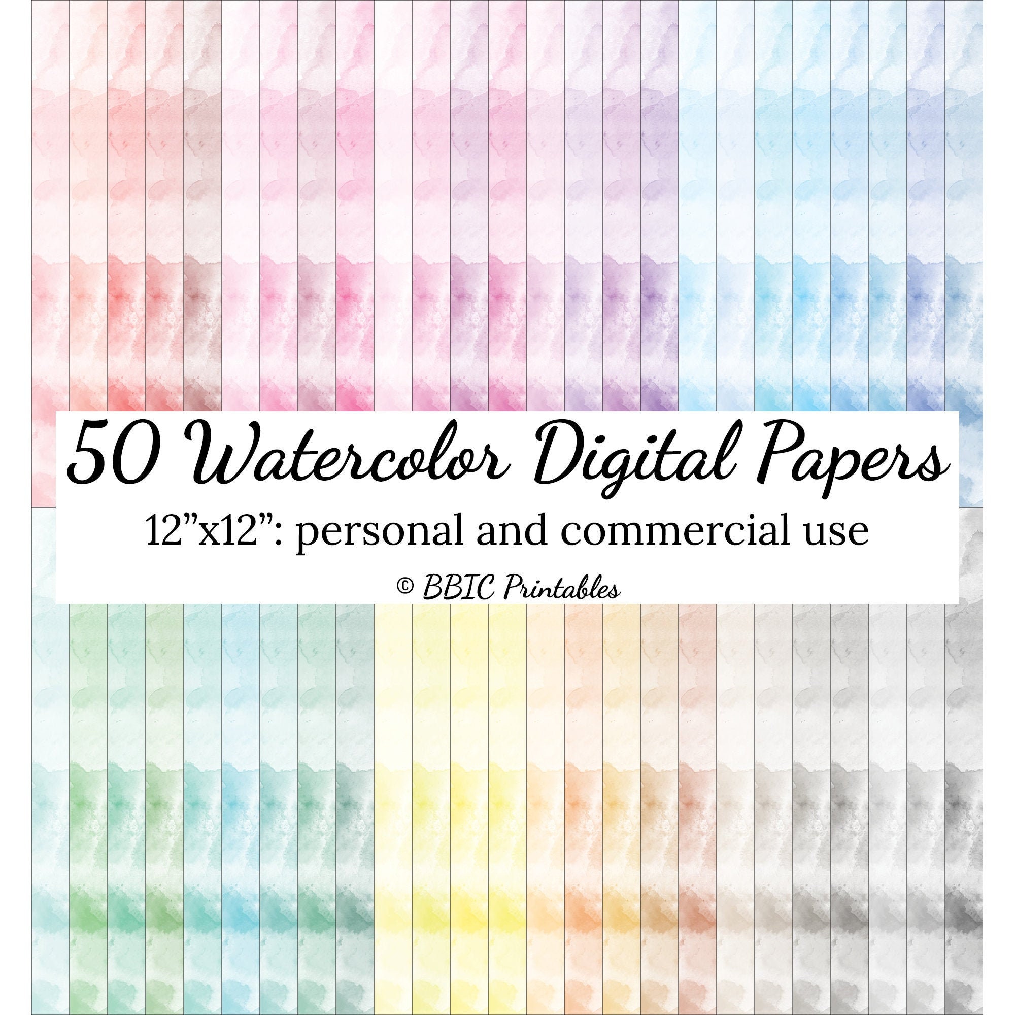 50 Watercolor Digital Papers- INSTANT DOWNLOAD, 12x12 Jpg Printable ...