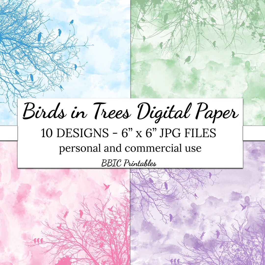 Birds in Trees Watercolor Digital Paper- INSTANT DOWNLOAD, 6x6 ...