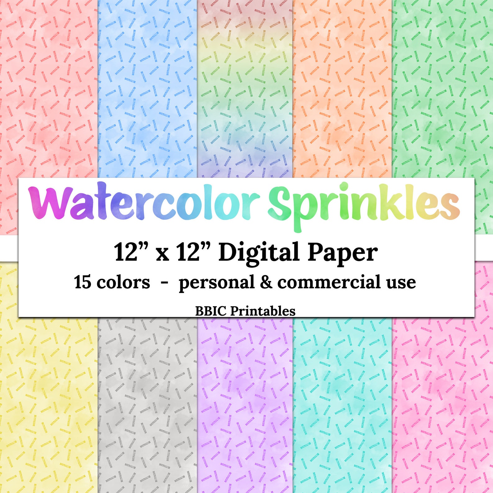 Watercolor Sprinkles Paper INSTANT DOWNLOAD, 12x12 15 Colors Watercolor ...