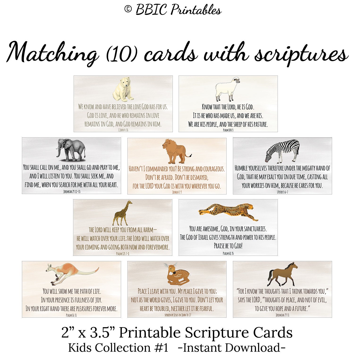 10 Kids Animal Scripture Cards kids Collection 1 INSTANT DOWNLOAD, 2x3 ...